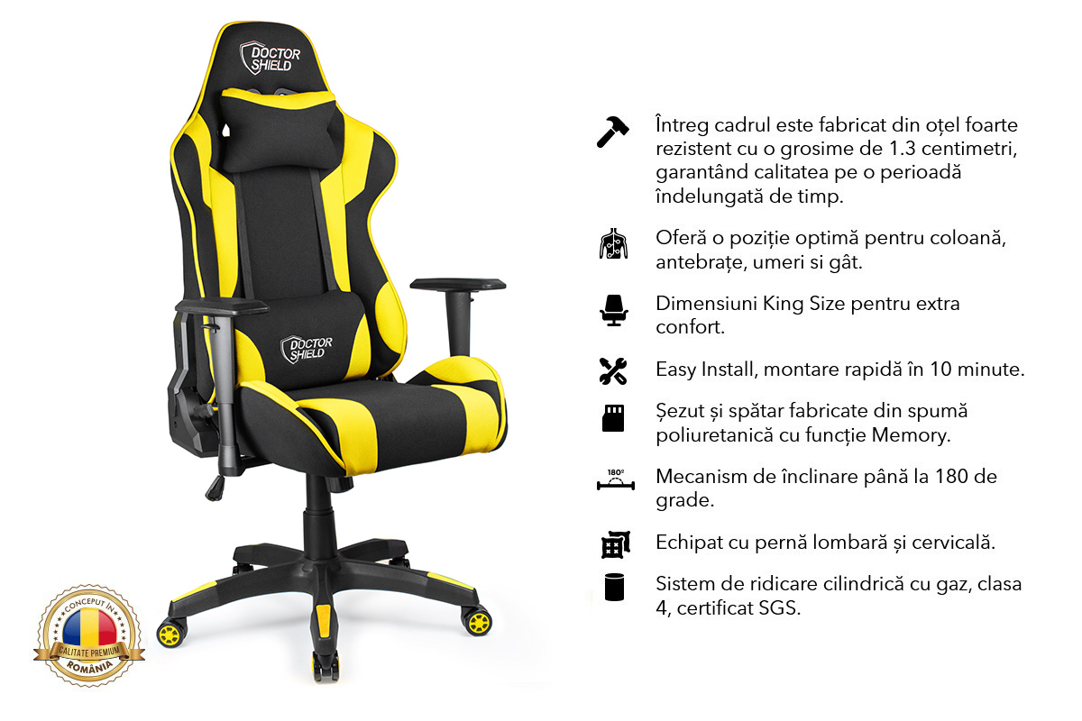 Dedeman - Scaun gaming Doctor Shield Air Force, rotativ, textil, negru ...